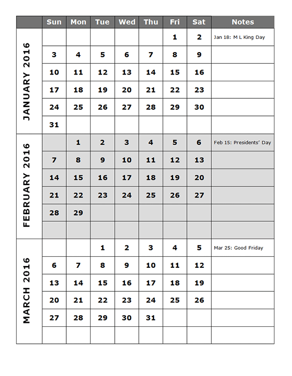 2016 Quarterly Calendar Template 14P Free Printable Templates
