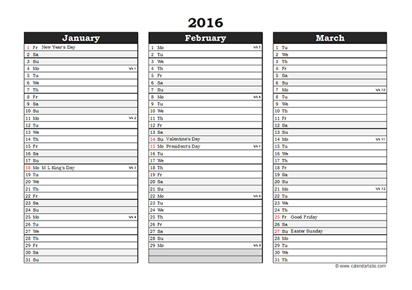 2016 Excel Three Month Calendar 01 Free Printable Templates