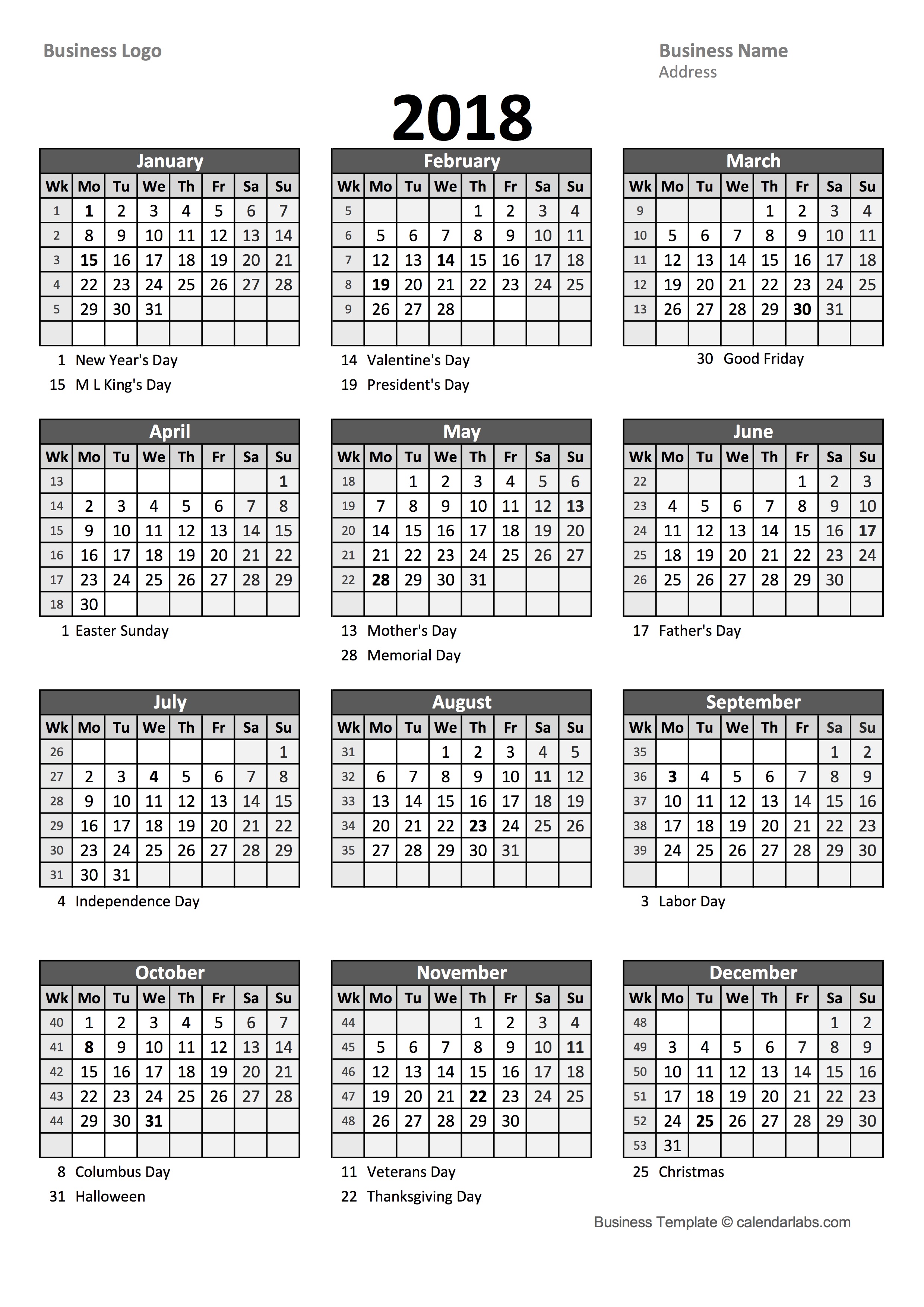 2018 Yearly Calendar Printable Yearly Calendar – Year 2018 Yearly