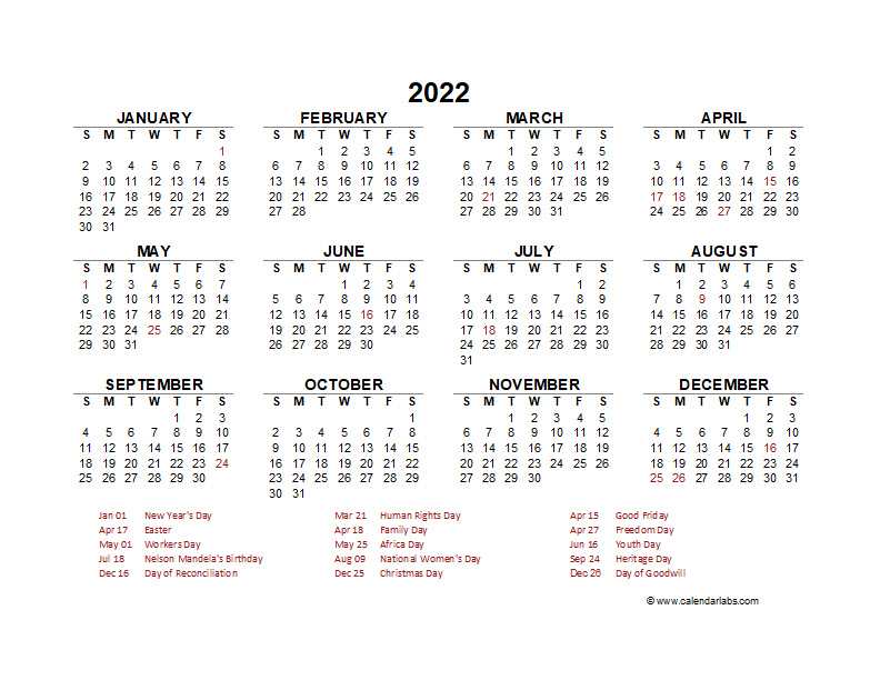 2022 Year At A Glance Calendar With South Africa Holidays Free