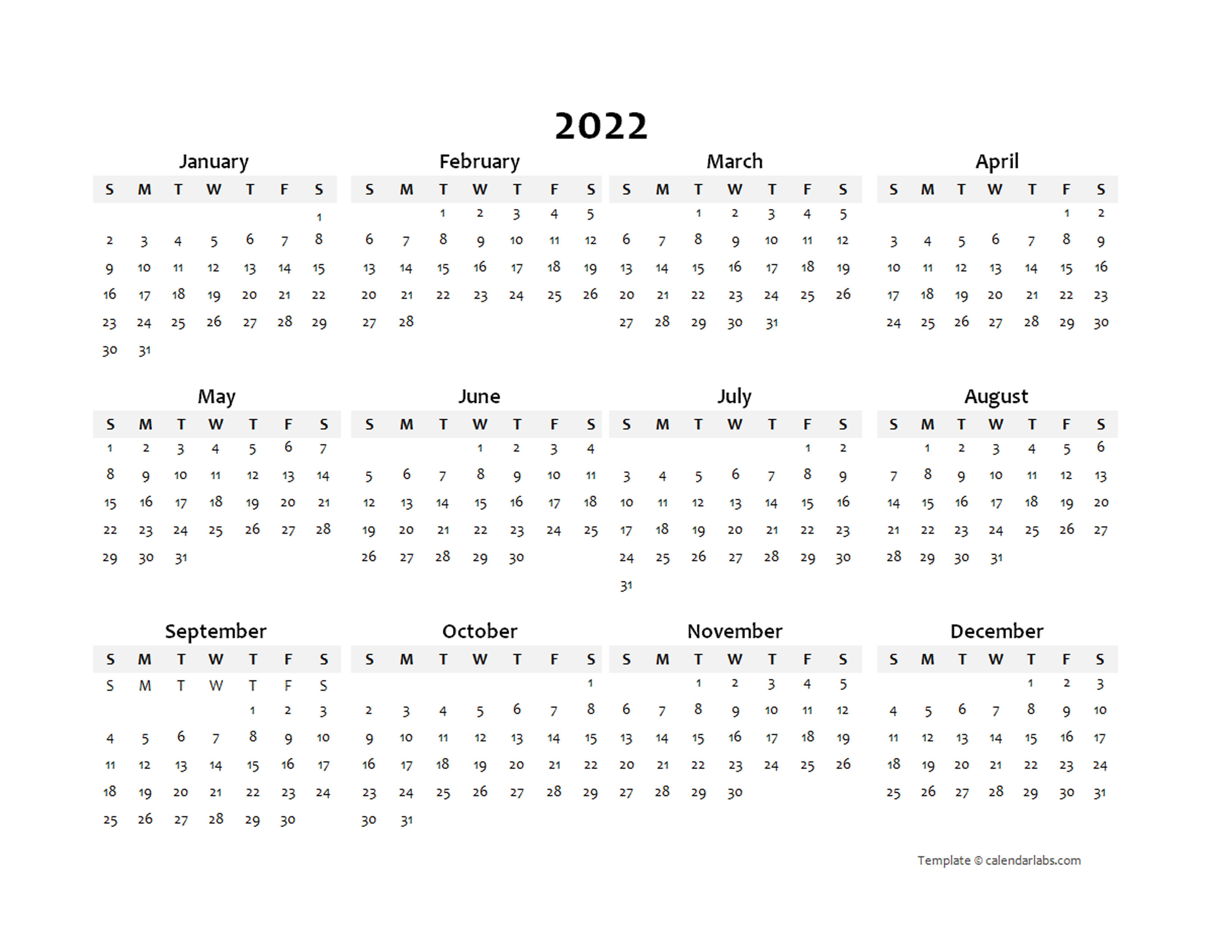 2022 Yearly Blank Calendar Template Free Printable Templates 2022 