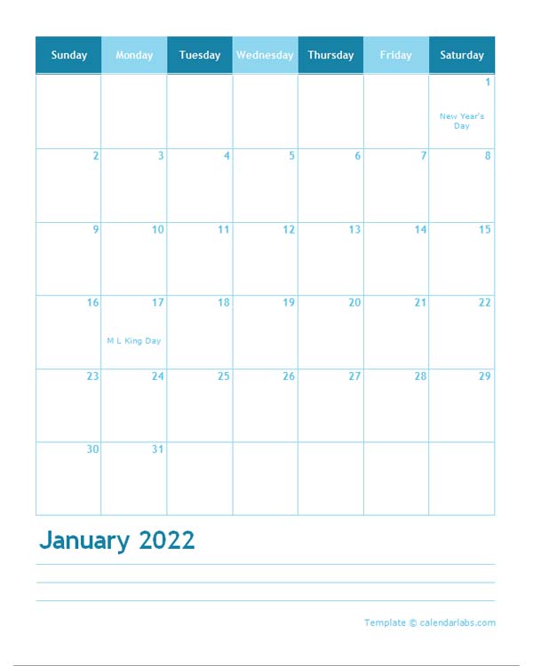 2022 Monthly Word Calendar Template Portrait Free Printable Templates
