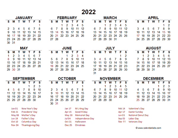 2022 Yearly Calendar Template Excel Free Printable Templates