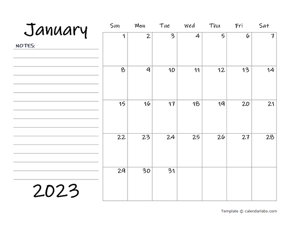2023 Blank Calendar Template With Notes Free Printable Templates