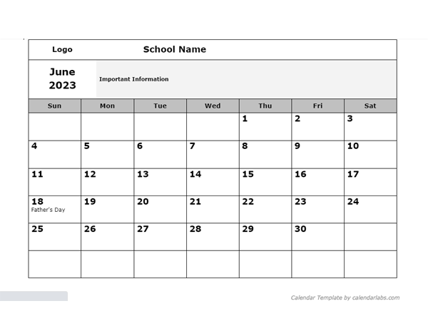 2023 Google Docs School Monthly Jun Calendar Free Printable Templates