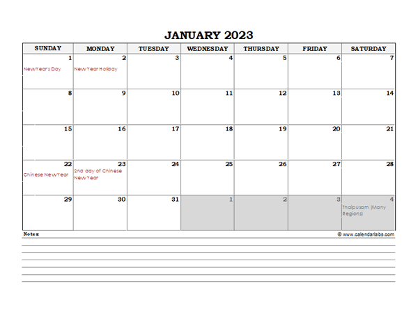 2023 Malaysia Monthly Calendar With Notes Free Printable Templates