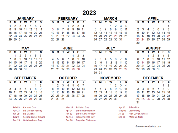 2023 Year At A Glance Calendar With Pakistan Holidays Free Printable Templates