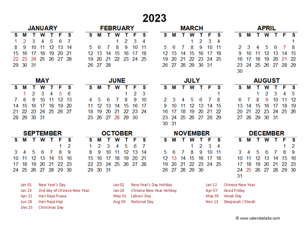 2023 Year At A Glance Calendar With Singapore Holidays Free Printable 