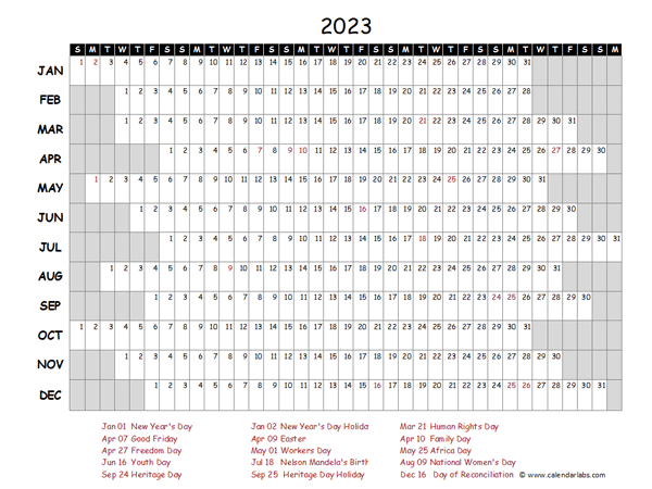 2023 Yearly Project Timeline Calendar South Africa Free Printable 