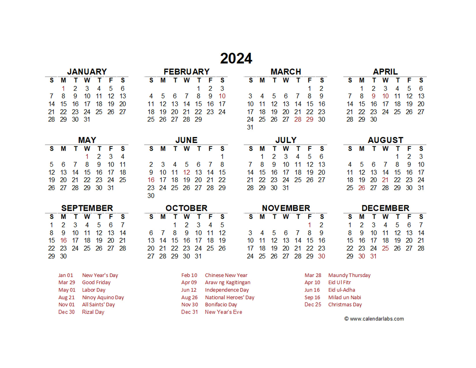 2024 Year At A Glance Calendar With Philippines Holidays Free 