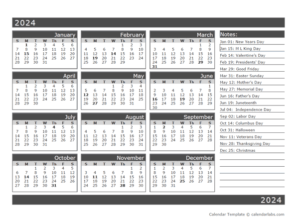 12 Month One Page Calendar Template For 2024 Free Printable Templates