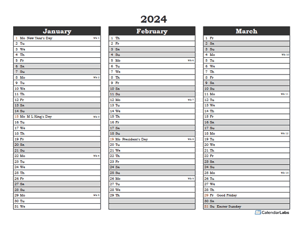 Editable 2024 Excel Three Month Calendar Free Printable Templates