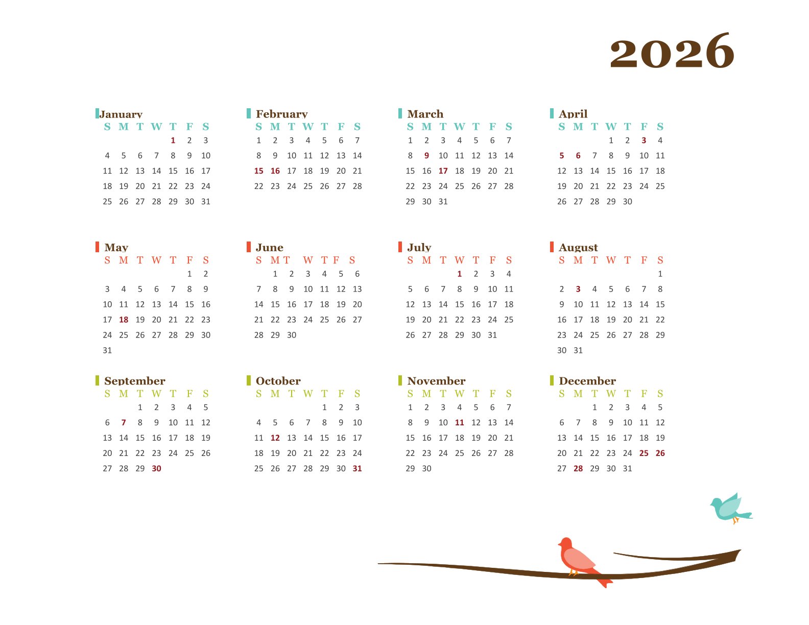 2026 Yearly Canada Calendar Design Template - Free Printable Templates