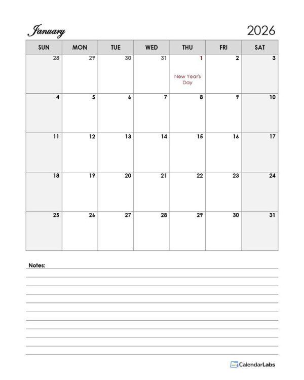 2026 Japan Calendar Template Large Boxes - Free Printable Templates