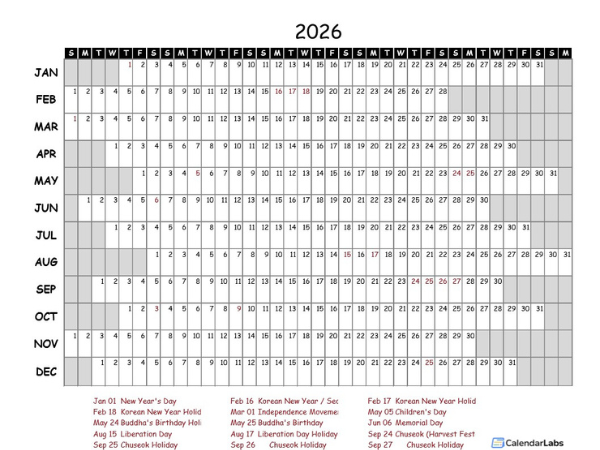 2026 Yearly Project Timeline Calendar South Korea - Free Printable ...