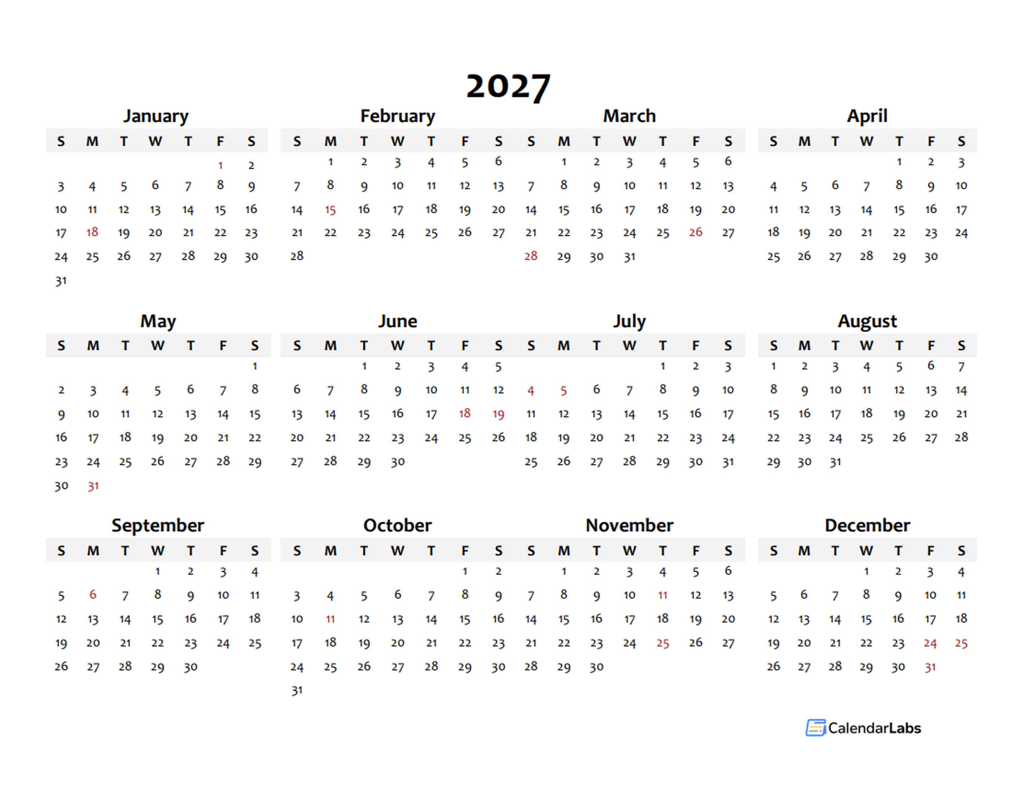 2027 Annual Blank Word Calendar Template - Free Printable Templates