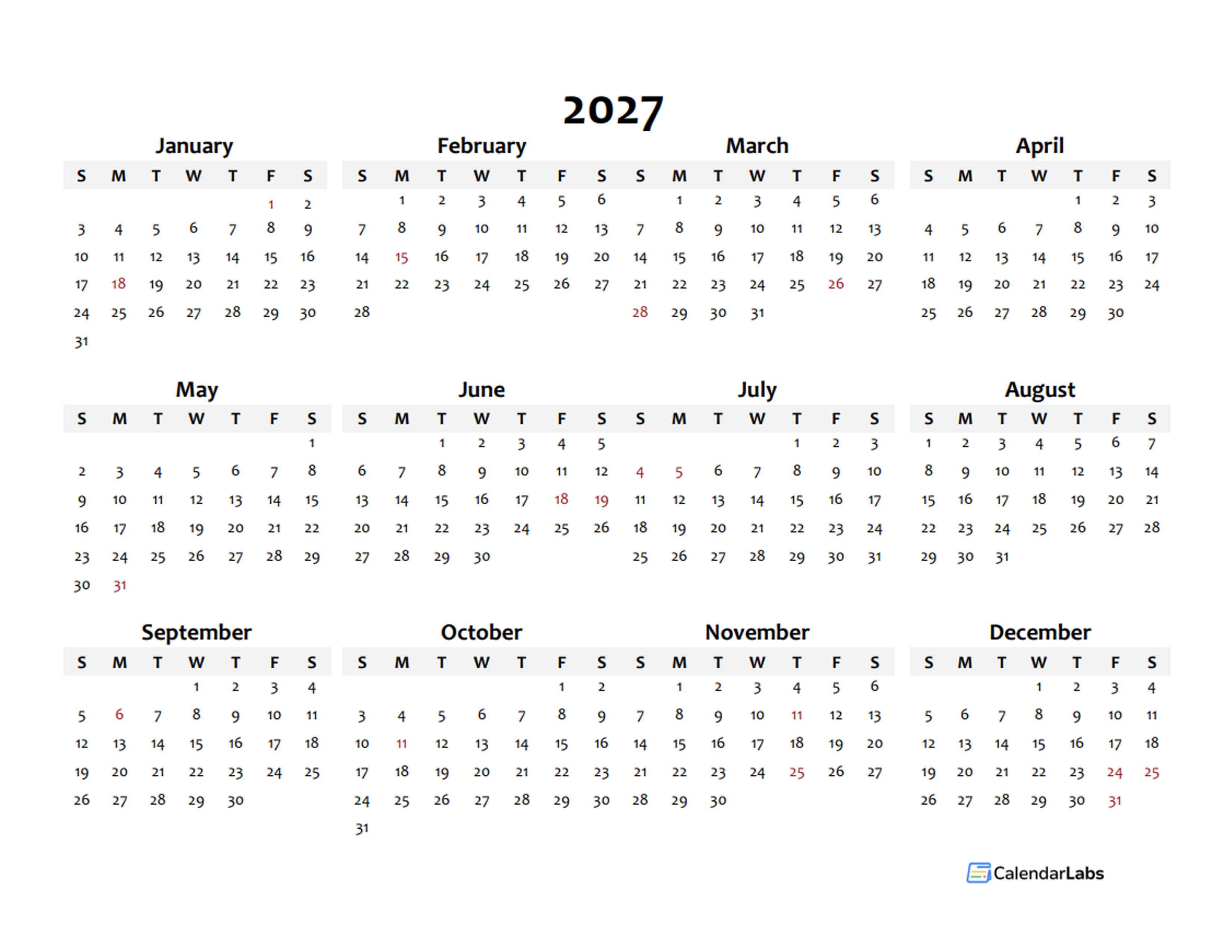 2027 Yearly Blank Calendar Template - Free Printable Templates