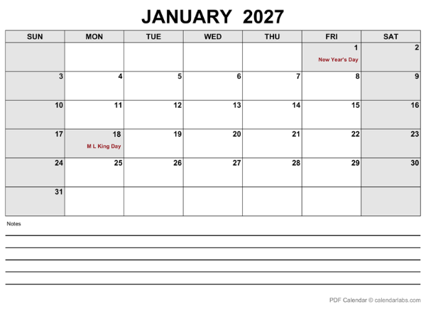 2027 Blank Calendar PDF - Free Printable Templates