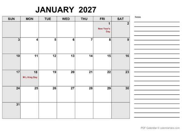2027 Free Calendar PDF - Free Printable Templates
