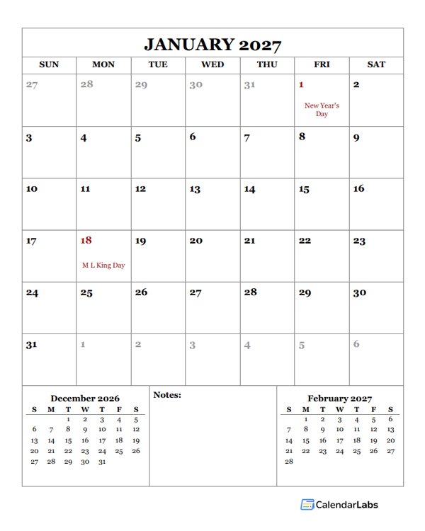 2027 Monthly Planner With US Holidays - Free Printable Templates