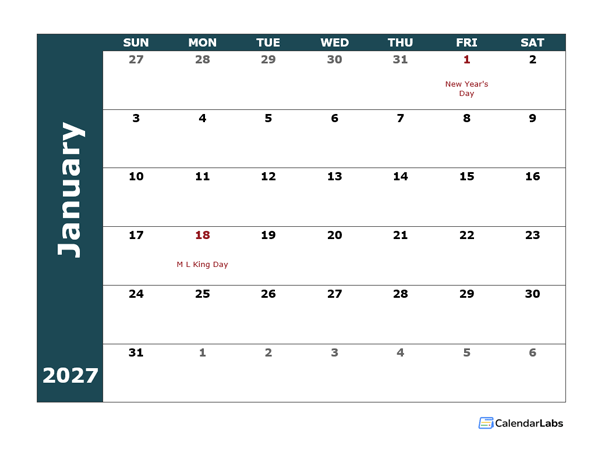 2027 Monthly Word Calendar Landscape Format - Free Printable Templates