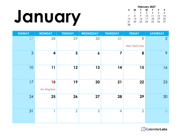 2027 PDF Calendar Blank Month - Free Printable Templates