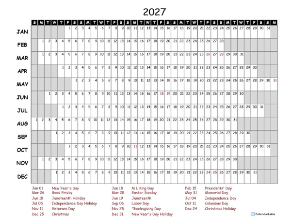 2027 PDF Calendar With Federal Holidays - Free Printable Templates