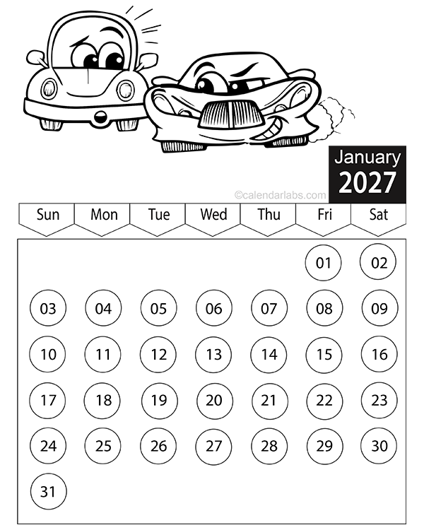 2027 Vehicle Coloring Calendar - Free Printable Templates