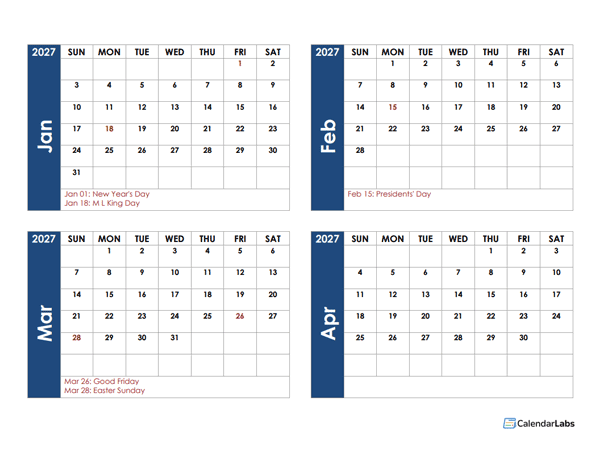 2027 Word Calendar Four Months Per Page - Free Printable Templates