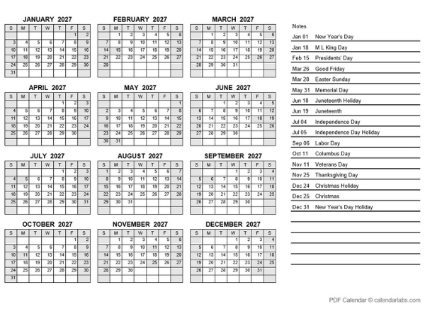 2027 Yearly Calendar PDF - Free Printable Templates