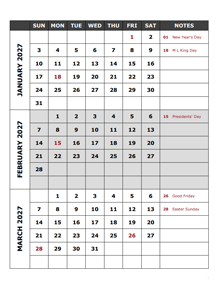 2027 Monthly Word Calendar Template With Holidays - Free Printable ...