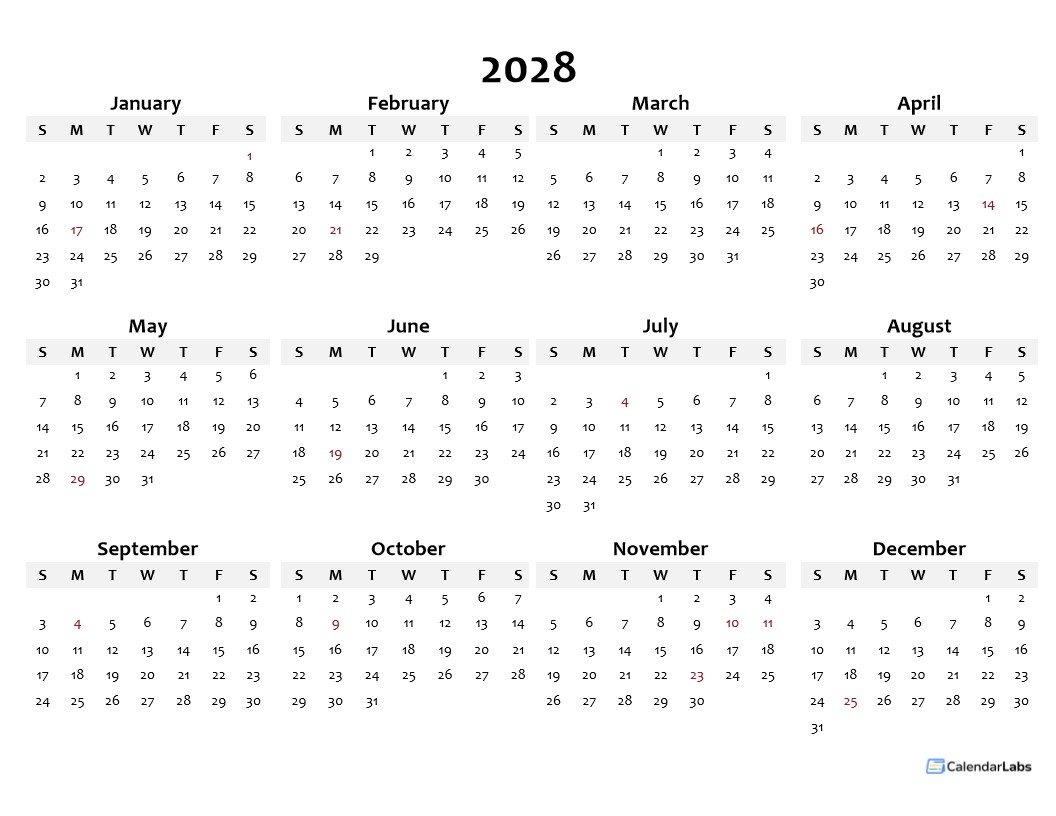 2028 Yearly Blank Calendar Template - Free Printable Templates