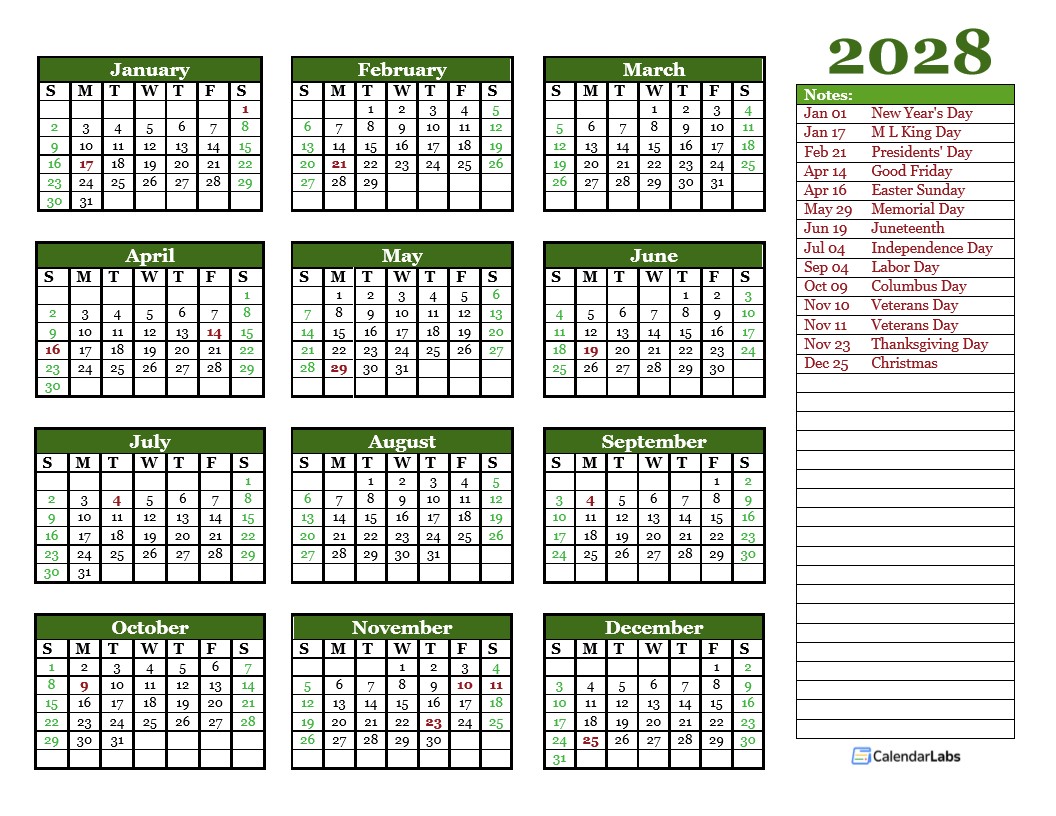 Editable 2028 Yearly Calendar Landscape - Free Printable Templates