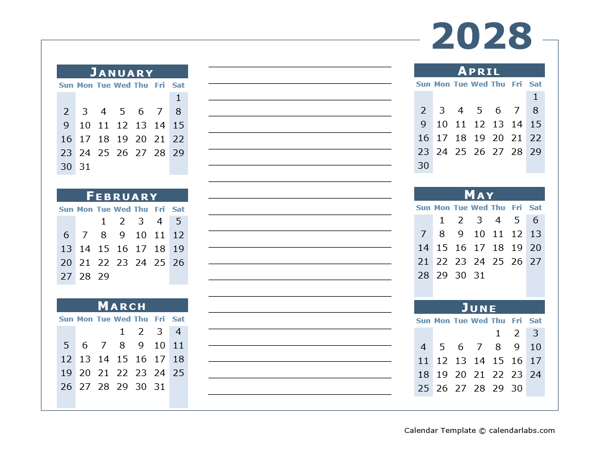2028 Blank Two Page Calendar Template For 2028 - Free Printable Templates