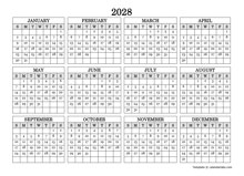2028 Yearly Blank Calendar Template - Free Printable Templates
